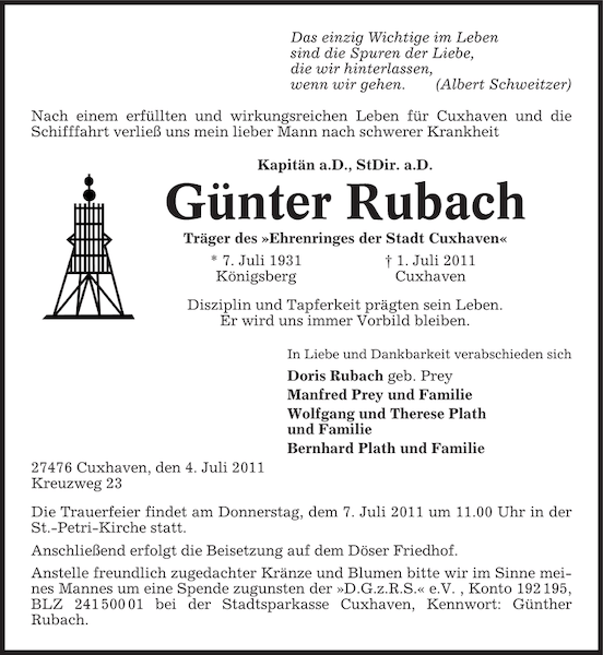 Günther Rubach: Traueranzeige : Cuxhavener Nachrichten