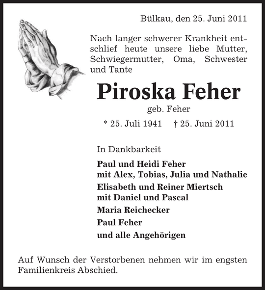 Piroska Feher: Traueranzeige : Cuxhavener Nachrichten