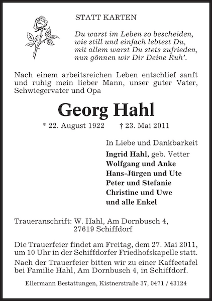 Georg Hahl : Traueranzeige : Cuxhavener Nachrichten