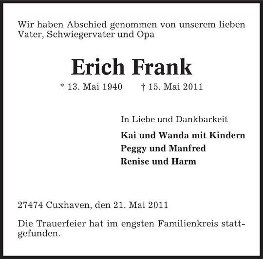 Erich Frank: Traueranzeige : Cuxhavener Nachrichten
