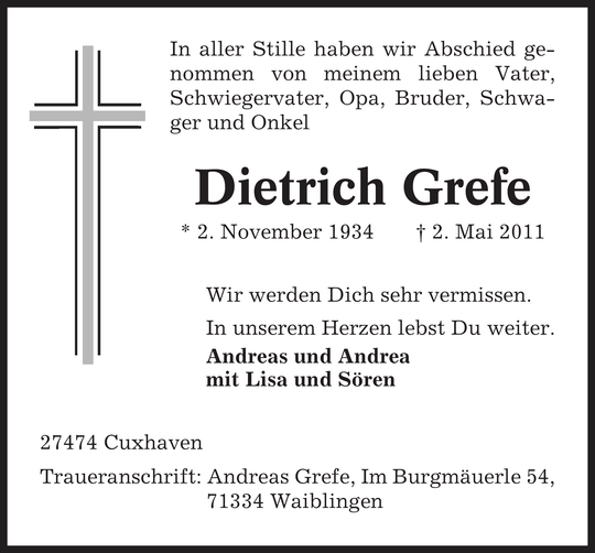 Dietrich Grefe: Traueranzeige : Cuxhavener Nachrichten