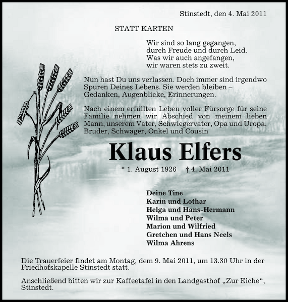 Klaus Elfers : Traueranzeige : Cuxhavener Nachrichten