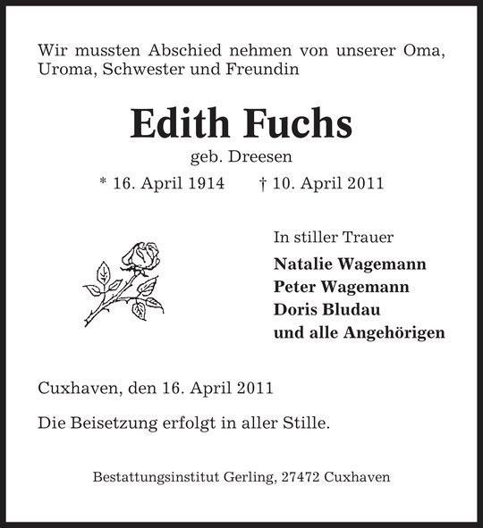 Edith Fuchs: Traueranzeige : Cuxhavener Nachrichten