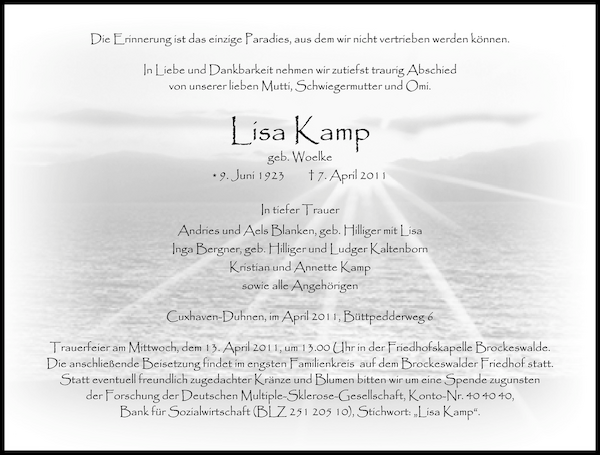 Lisa Kamp: Traueranzeige : Cuxhavener Nachrichten
