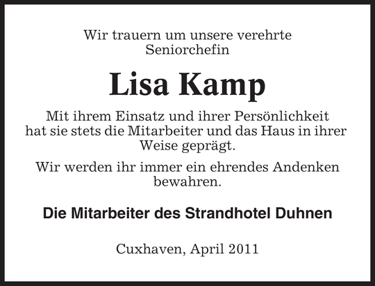 Lisa Kamp: Gedenken : Cuxhavener Nachrichten
