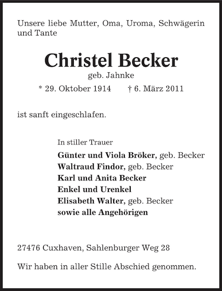Christel Becker : Traueranzeige : Cuxhavener Nachrichten