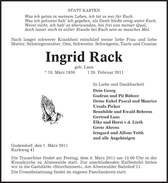 Ingrid Rack: Traueranzeige : Cuxhavener Nachrichten