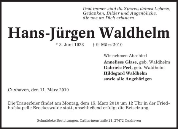 Hans Jürgen Waldhelm : Traueranzeige : Cuxhavener Nachrichten