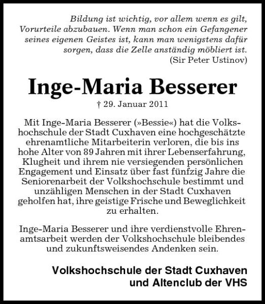 Inge Maria Besserer: Gedenken : Cuxhavener Nachrichten