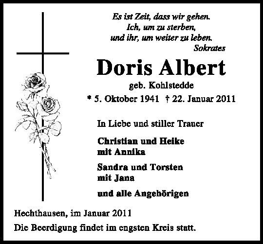 Doris Albert : Traueranzeige : Cuxhavener Nachrichten