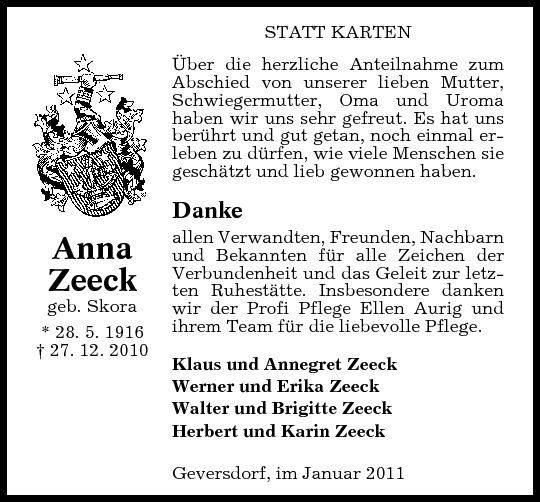 Anna Zeeck: Danksagung : Cuxhavener Nachrichten