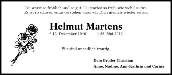 Helmut Martens: Traueranzeige : Cuxhavener Nachrichten