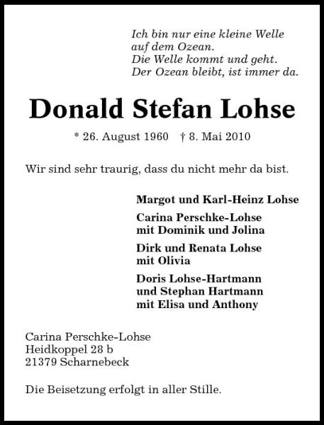 Donald Stefan Lohse: Traueranzeige : Cuxhavener Nachrichten