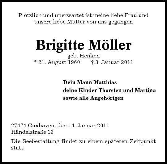 Brigitte Möller : Traueranzeige : Cuxhavener Nachrichten