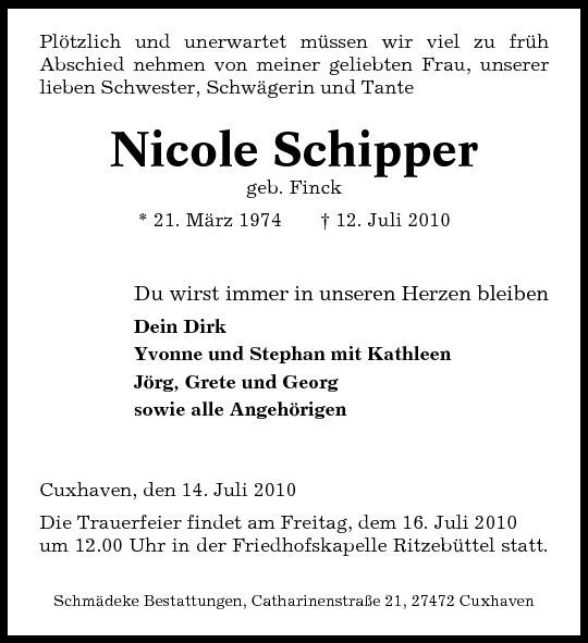 Nicole Schipper : Traueranzeige : Cuxhavener Nachrichten