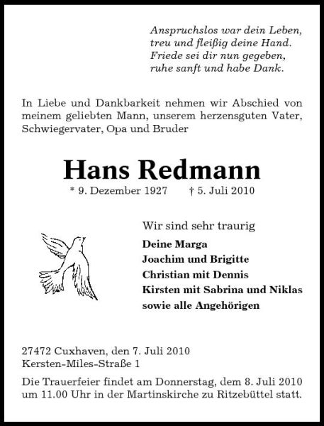 Hans Redmann: Traueranzeige : Cuxhavener Nachrichten