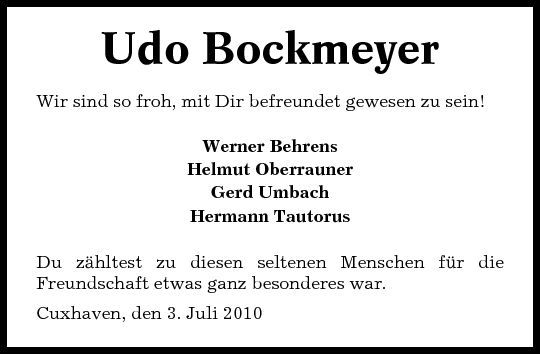 Udo Bockmeyer: Gedenken : Cuxhavener Nachrichten