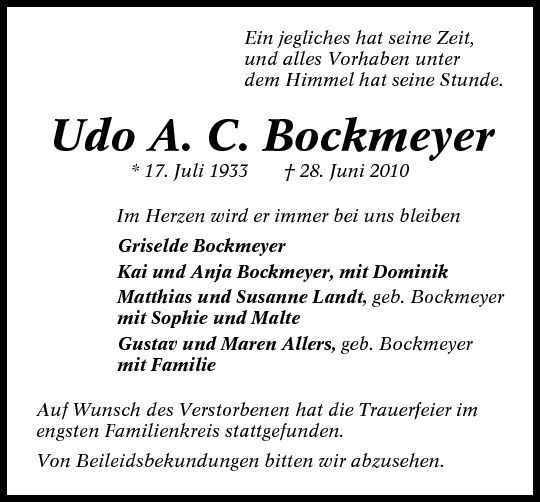 Udo A. C. Bockmeyer: Traueranzeige : Cuxhavener Nachrichten