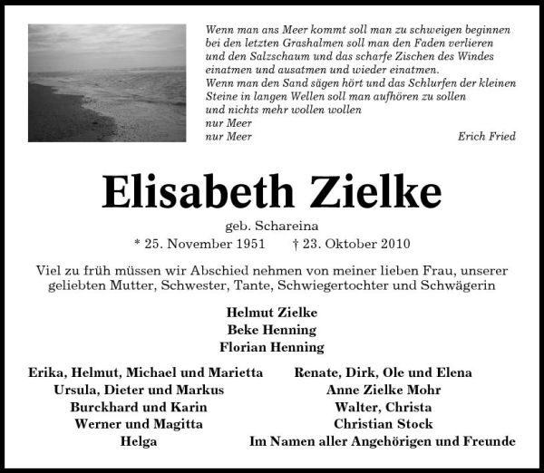 Elisabeth Zielke: Traueranzeige : Cuxhavener Nachrichten