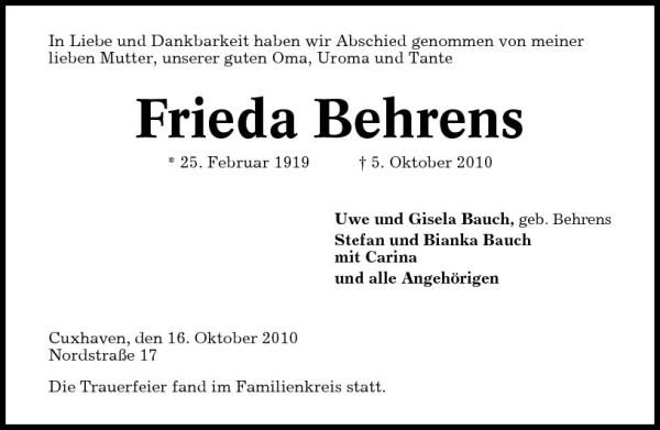 Frieda Behrens: Traueranzeige : Cuxhavener Nachrichten