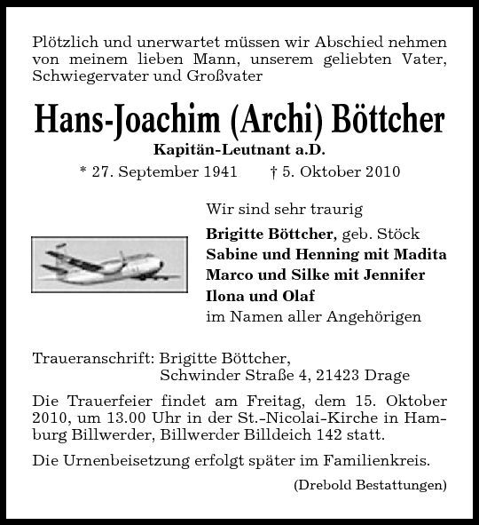 Hans-Joachim (Archi) Böttcher : Traueranzeige : Cuxhavener Nachrichten