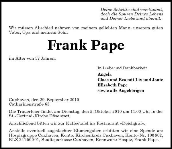 Frank Pape: Traueranzeige : Cuxhavener Nachrichten