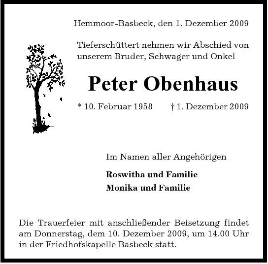 Peter Obenhaus : Traueranzeige : Cuxhavener Nachrichten