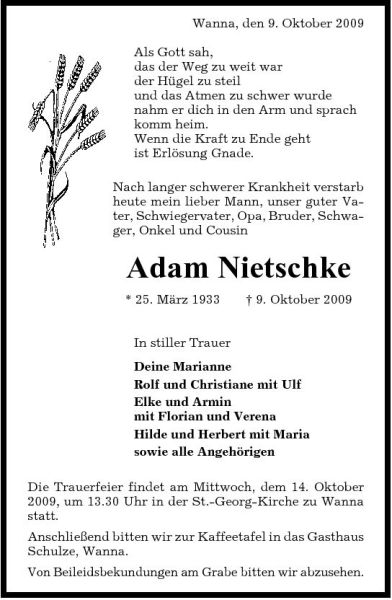 Adam Nietschke: Traueranzeige : Cuxhavener Nachrichten