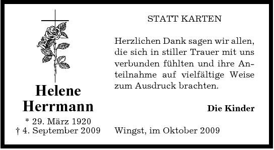 Helene Herrmann: Traueranzeige : Cuxhavener Nachrichten