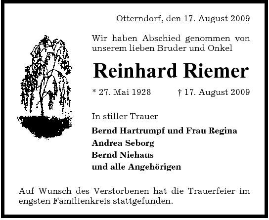Reinhard Riemer : Traueranzeige : Cuxhavener Nachrichten