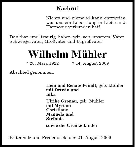 Wilhelm Mühler: Traueranzeige : Cuxhavener Nachrichten