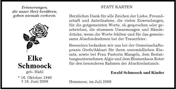 Elke Schmoock: Traueranzeige : Cuxhavener Nachrichten