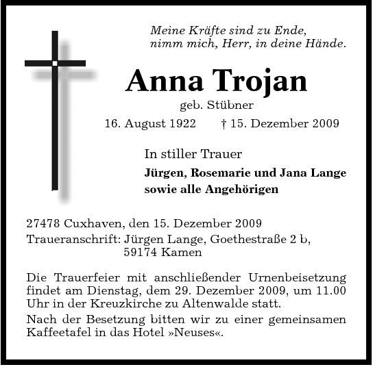 Anna Trojan: Traueranzeige : Cuxhavener Nachrichten