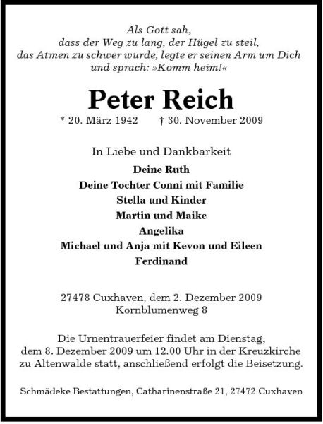 Peter Reich: Traueranzeige : Cuxhavener Nachrichten