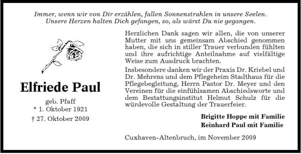 Elfriede Paul : Traueranzeige : Cuxhavener Nachrichten