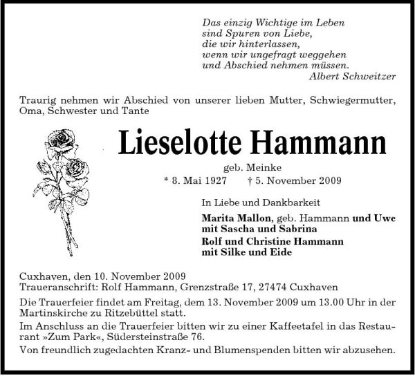 Lieselotte Hammann: Traueranzeige : Cuxhavener Nachrichten