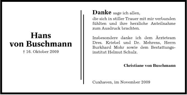 Hans von Buschmann: Traueranzeige : Cuxhavener Nachrichten