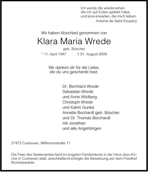 Klara Maria Wrede : Traueranzeige : Cuxhavener Nachrichten