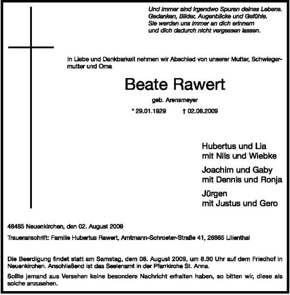 Beate Rawert: Traueranzeige : Cuxhavener Nachrichten