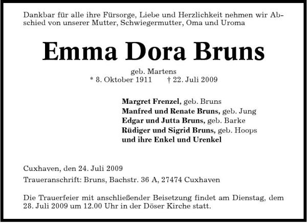 Emma Dora Bruns : Traueranzeige : Cuxhavener Nachrichten