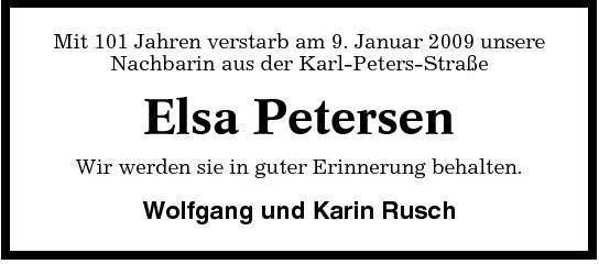 Elsa Petersen: Traueranzeige : Cuxhavener Nachrichten
