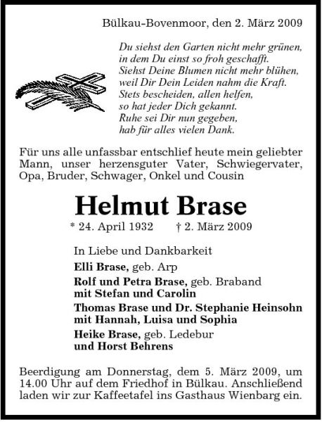 Helmut Brase : Traueranzeige : Cuxhavener Nachrichten