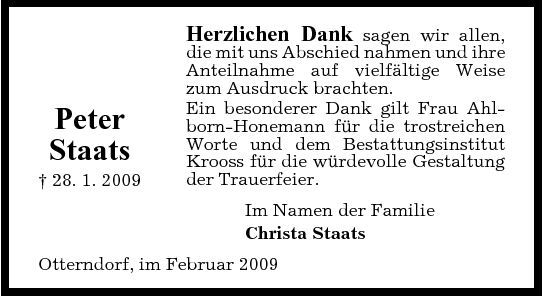 Peter Staats: Traueranzeige : Cuxhavener Nachrichten