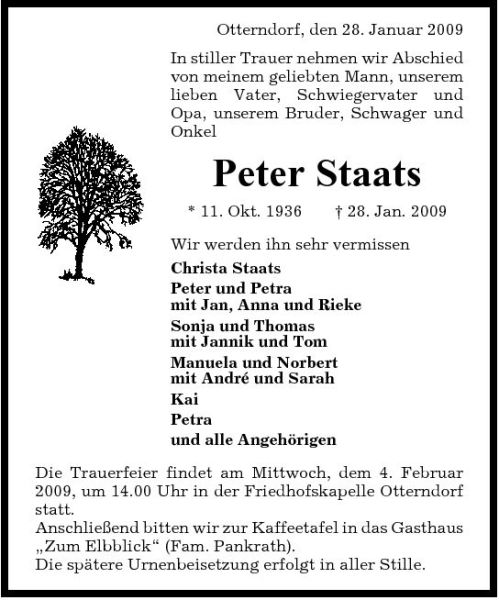 Peter Staats: Traueranzeige : Cuxhavener Nachrichten