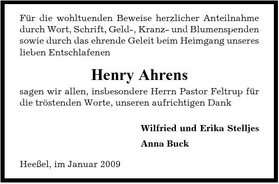 Henry Ahrens: Traueranzeige : Cuxhavener Nachrichten
