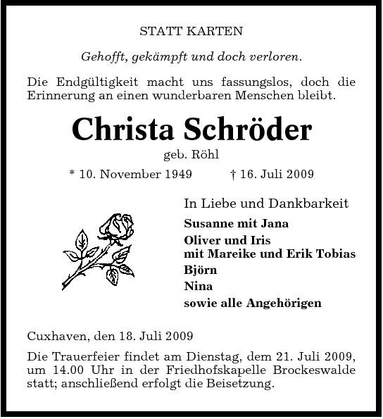 Christa Schröder: Traueranzeige : Cuxhavener Nachrichten
