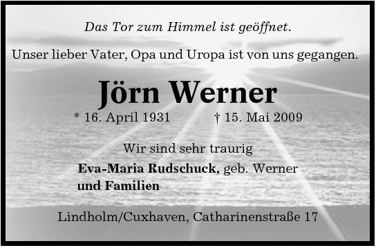 Jörn Werner: Traueranzeige : Cuxhavener Nachrichten