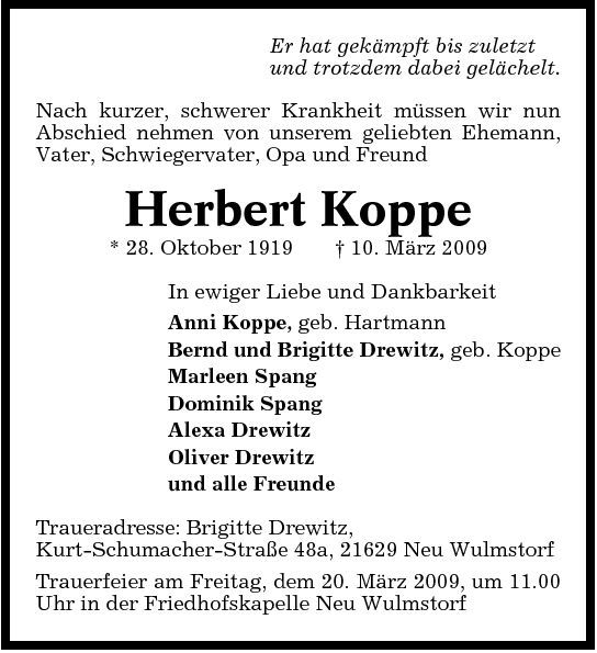 Herbert Koppe : Traueranzeige : Cuxhavener Nachrichten