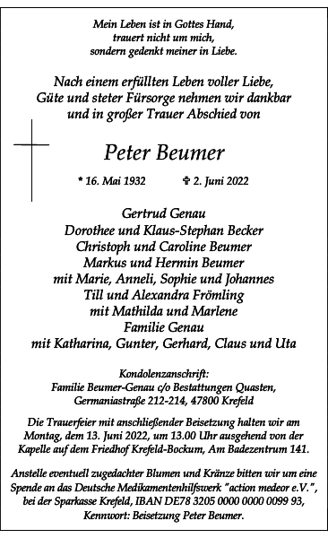 Peter Beumer: Traueranzeige : Westdeutsche Zeitung