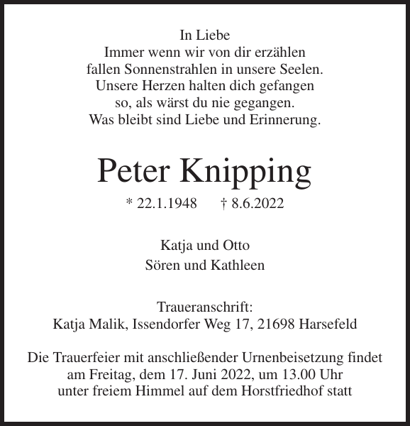 Peter Knipping: Traueranzeige : Stader Tageblatt